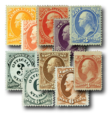O3//85 - 1873 Official Stamps, Set of 10 Stamps - Mystic Stamp Company