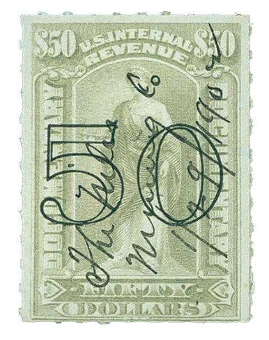 R189 - 1900 $50 US Internal Revenue Stamp - open numerals, gray ...