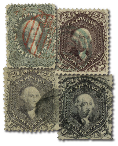 37//99 - 1860-68 24c Washington, Set of 4 Stamps - Mystic Stamp Company