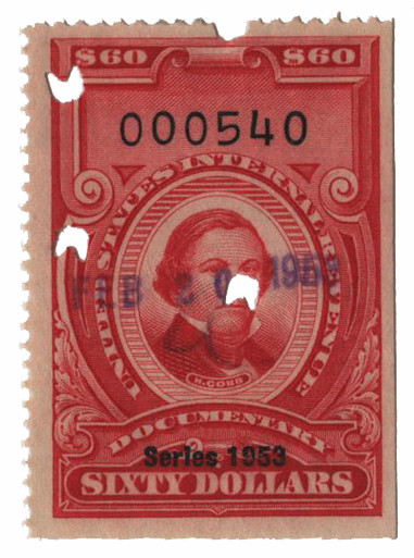 R647 - 1953 $60 U.S. Internal Revenue Stamp, Carmine, No Gum - Mystic ...