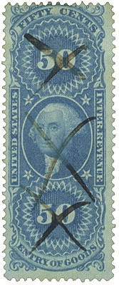 R55 - 1862-71 50c U.S. Internal Revenue Stamp, Entry of Goods, Blue ...