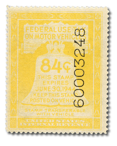 RV28 - 1944 84c Motor Vehicle Use Tax, Yellow, Gum & Control No.on Face ...