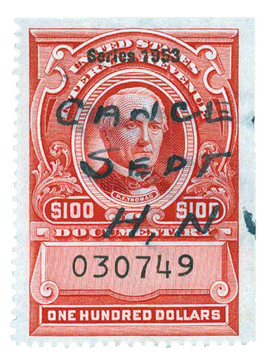 R648 - 1953 $100 U.S. Internal Revenue Stamp, Carmine, No Gum - Mystic ...