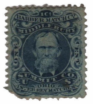 RO17b - 1871-77 1c Barber Match Co., Blue, Silk Paper - Mystic Stamp ...