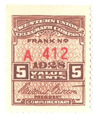 16T73 - 1928 5c Western Union Telegraph Company, Yellow Brown, Newcomb ...