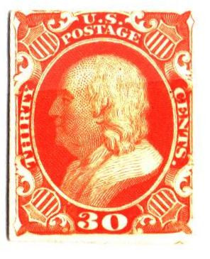 46P4 - 1857-60 30c Franklin, Yellow Orange, Plate Proof on Card ...