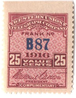 16T50 - 1916 25c Western Union Telegraph Company, Carmine Lake, Newcomb ...