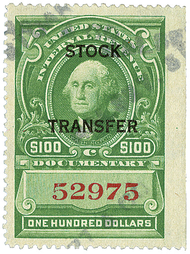 RD22 - 1918 $100 Stock Transfer Stamp, Green, No Gum, Black Horizontal ...