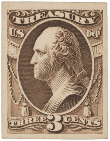 O74P4 - 1873 3c Treasury Department Official, Brown, Plate Proof on ...