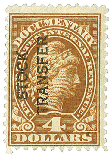 RD15 - 1918-22 $4 Stock Transfer Stamp, Brown, Perf. 11, Black Vertical ...