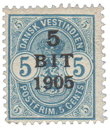 DWI41 - 1905 5b on 5c, Light Blue, Danish West Indies - Mystic Stamp ...