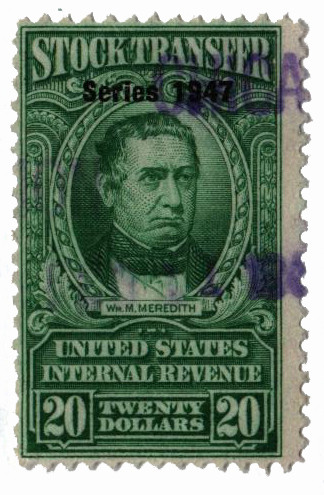 RD251 - 1947 $20 Stock Transfer Stamp, Bright Green - Mystic Stamp Company