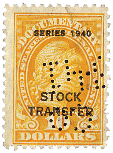 RD59 - 1940 $10 Stock Transfer Stamp, Orange, Overprint Series 1940 ...