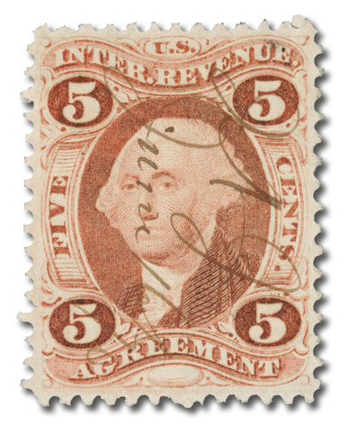 R23 - 1862-71 5c U.S. Internal Revenue Stamp, Agreement, Red, Perf. 12 ...