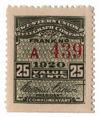 16T58 - 1920 25c Western Union Telegraph Company, Olive Green, Newcomb ...