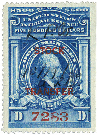 RD23 - 1918 $500 Stock Transfer Stamp, Blue, No Gum, Red Horizontal ...