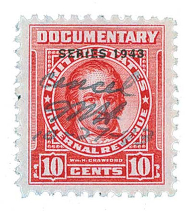 R367 - 1943 10c U.S. Internal Revenue Stamp, Carmine - Mystic Stamp Company