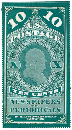 PR6 - 1875 10c Newspaper & Periodical Stamp, Dark Bluish Green, Hard ...