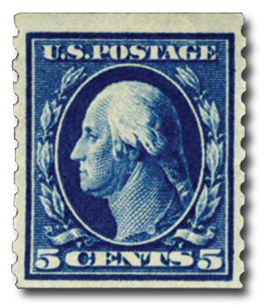447 - 1914 5c Washington, Blue, Single Line Watermark, Perf. 10 ...