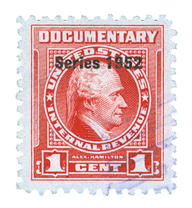 R586 - 1952 1c U.S. Internal Revenue Stamp, Carmine - Mystic Stamp Company