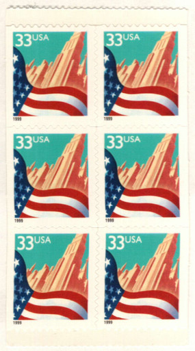 3278c - 1999 33c Flag Over City, Booklet Pane of 6 Stamps - Mystic ...