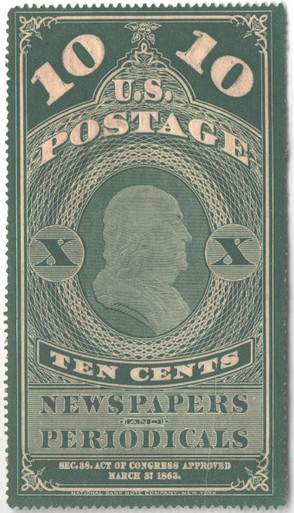 PR2a - 1865 10c Newspaper & Periodical Stamp, Green, Hard Paper, No Gum ...
