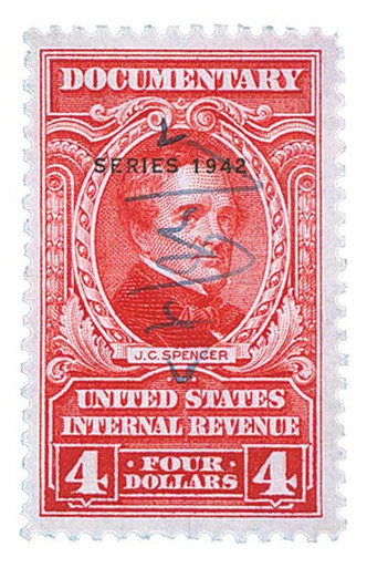 R351 - 1942 $4 U.S. Internal Revenue Stamp, Carmine - Mystic Stamp Company