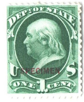 O57S - 1875 1c Department of State Official, Specimen, Bluish Green ...