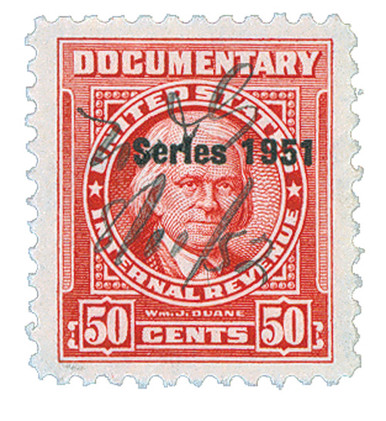 R571 - 1951 50c U.S. Internal Revenue Stamp, Carmine - Mystic Stamp Company