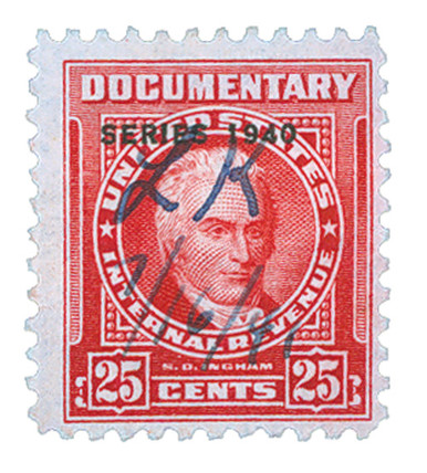 R296 - 1940 25c US Internal Revenue Stamp - engraved, watermark, perf ...
