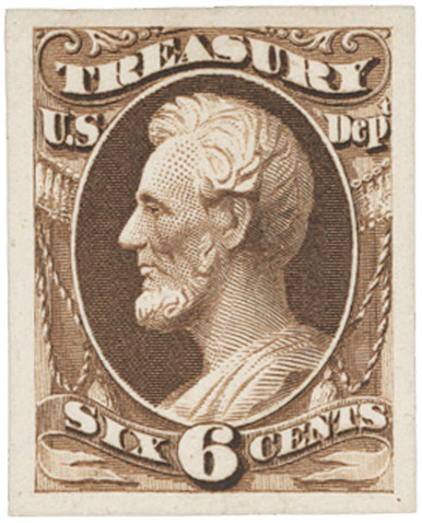 O75P4 - 1873 6c Treasury Department Official, Brown, Plate Proof on ...