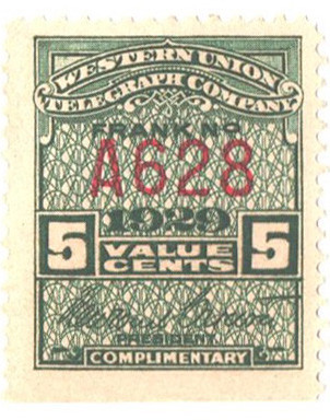 16T75 - 1929 5c Western Union Telegraph Company, Dark Green, Newcomb ...