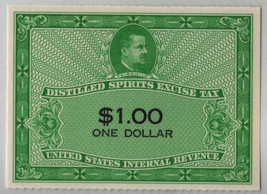 RX32 - 1952 $1.00 Distilled Spirits Excise Tax Stamp - yellow green ...