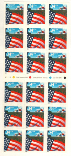 3495a - 2001 34c Flag Over Farm, Booklet Pane of 18 Stamps - Mystic ...