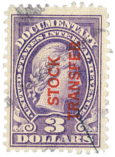 RD14 - 1918-22 $3 Stock Transfer Stamp, Violet, Perf. 11, Red Vertical ...