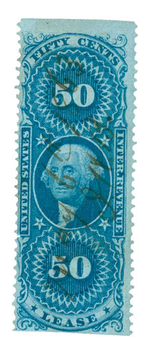 R57b - 1862-71 50c U.S. Internal Revenue Stamp, Lease, Blue, Part Perf ...