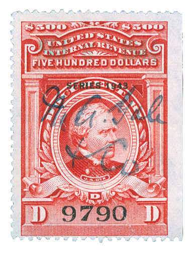 R384 - 1943 $500 U.S. Internal Revenue Stamp, Carmine, No Gum - Mystic ...