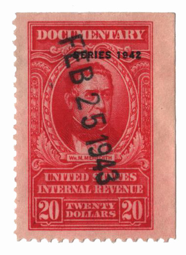 R354 - 1942 $20 U.S. Internal Revenue Stamp, Carmine - Mystic Stamp Company