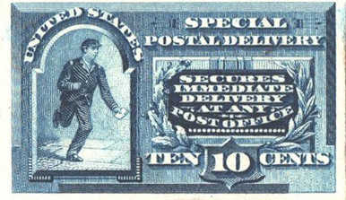E2P4 - 1888 10c Special Delivery - on card, blue - Mystic Stamp Company