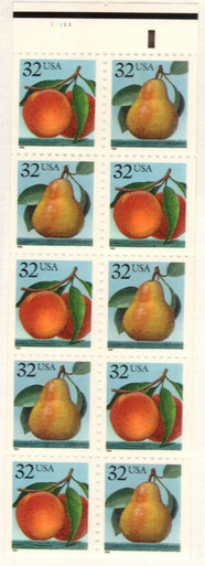 2488a - 1995 32c Flora & Fauna Series: Peaches & Pear, Booklet Pane of ...