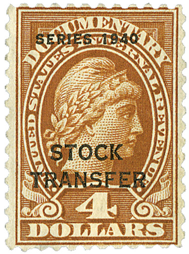 RD57 - 1940 $4 Stock Transfer Stamp, Yellow Brown, Overprint Series ...