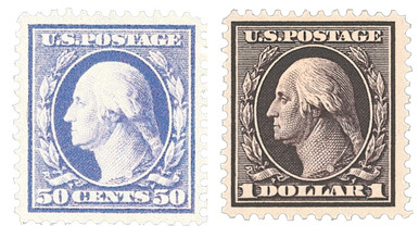 341-42 - 1909 50c & $1 Washington, Double Line Watermark, Perf. 12, Set ...