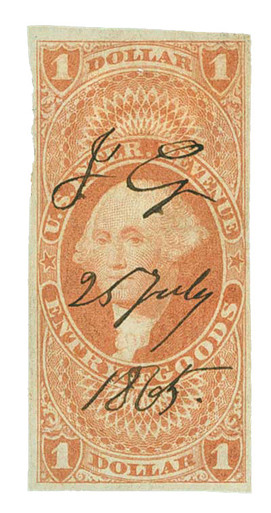 R67a - 1862-71 $1 U.S. Internal Revenue Stamp, Entry of Goods, Red ...