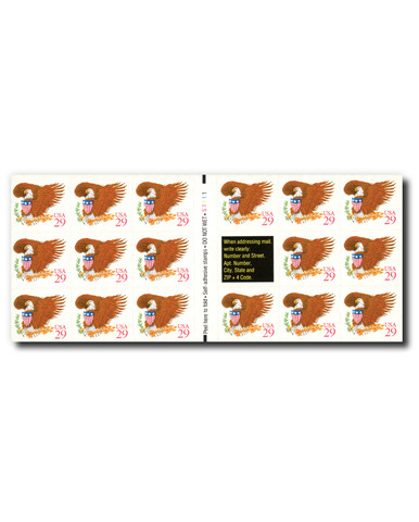 2597a - 1992 29c Eagle & Shield, Red, Booklet Pane of 17 Stamps & Label ...