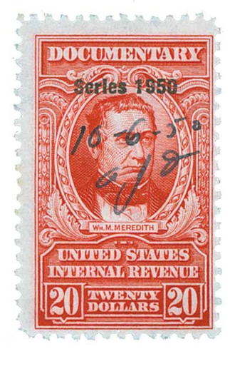 R554 - 1950 $20 U.S. Internal Revenue Stamp, Carmine - Mystic Stamp Company