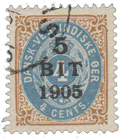DWI40 - 1905 5b on 4c, Bister & Dull Blue, Danish West Indies - Mystic ...