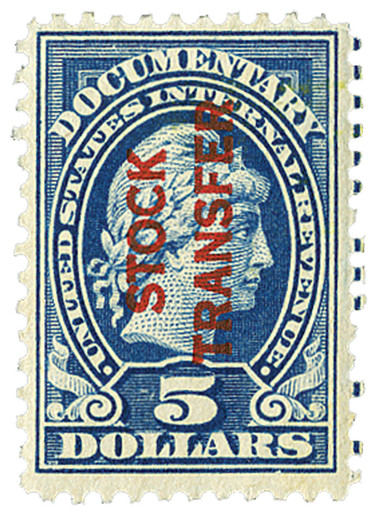 RD16 - 1918-22 $5 Stock Transfer Stamp, Dark Blue, Perf. 11, Red ...