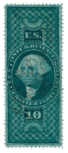 R93 - 1862-71 $10 U.S. Internal Revenue Stamp, Charter Party, Green ...