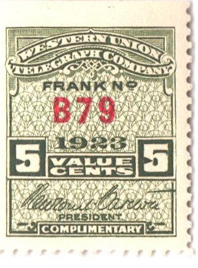 16T63 - 1923 5c Western Union Telegraph Company, Olive Green, Newcomb ...