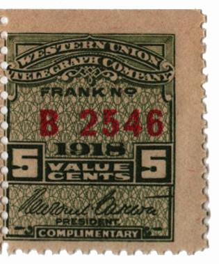 16T53 - 1918 5c Western Union Telegraph Company, Olive Green, Newcomb ...